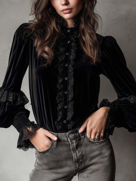 Velvet Ruffle Lace Blouse With Puff Sleeves – INNSLANE