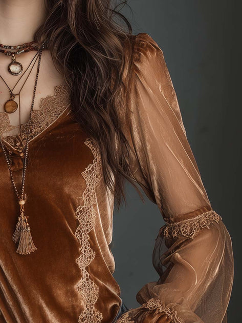 Caramel Velvet Lace Sheer Lantern Sleeve Top – INNSLANE