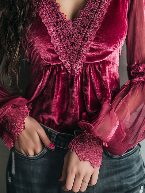 Romantic Hot Pink Velvet & Lace Sheer Puff Sleeve Blouse – INNSLANE