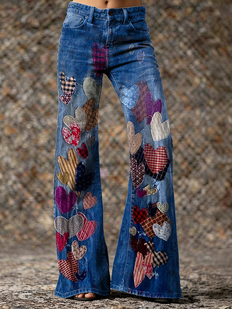 Women's Vintage Blue Star Collage Art Print Leisure Slim Denim Wide-leg ...