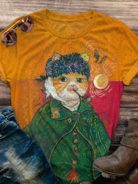 Women's Vintage Cat Imitation Movie Character Oil Painting Art Print T ...